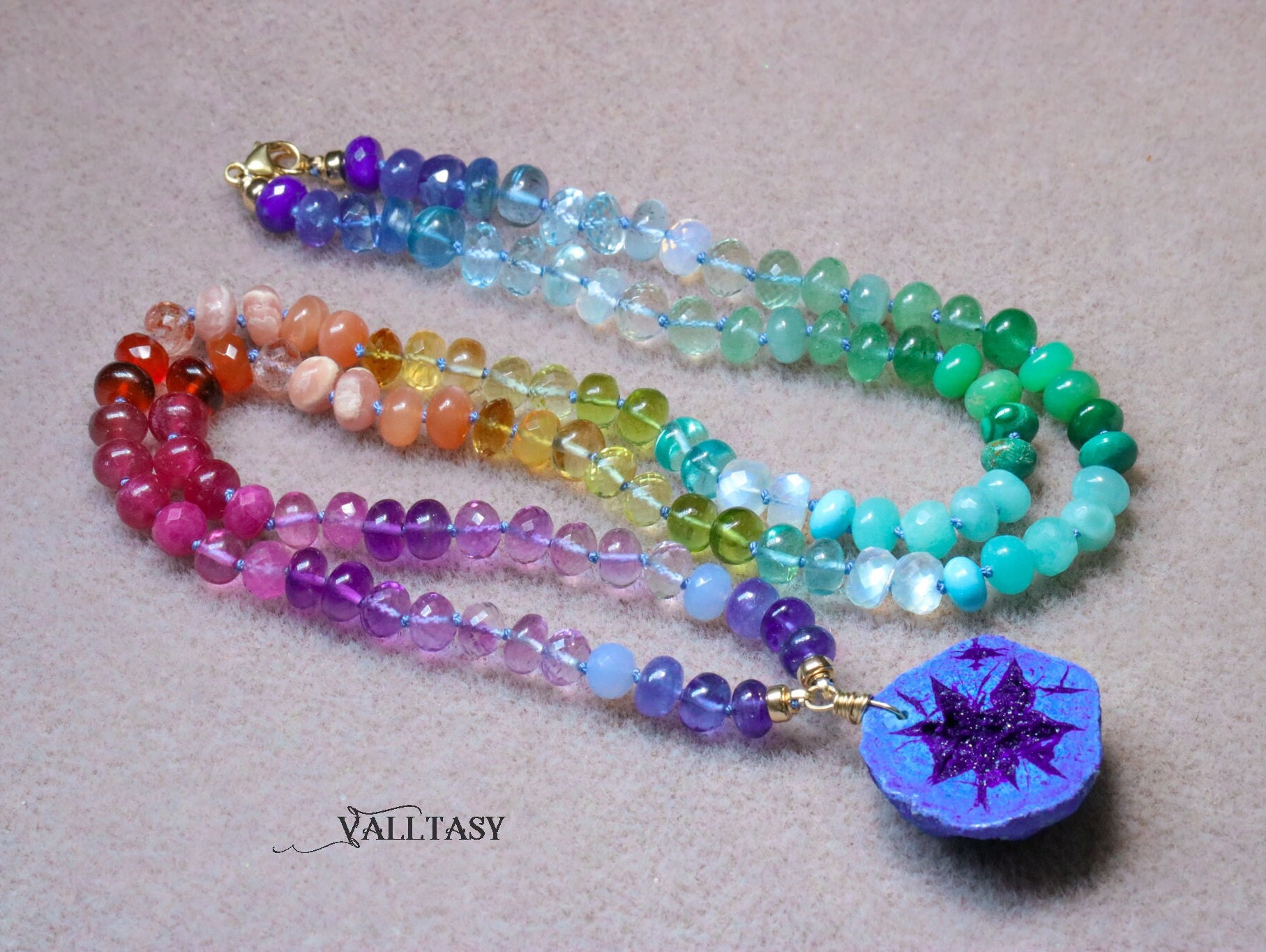 Solid Gold 14K Silk Knotted Rainbow Multi Gemstone Necklace with ...