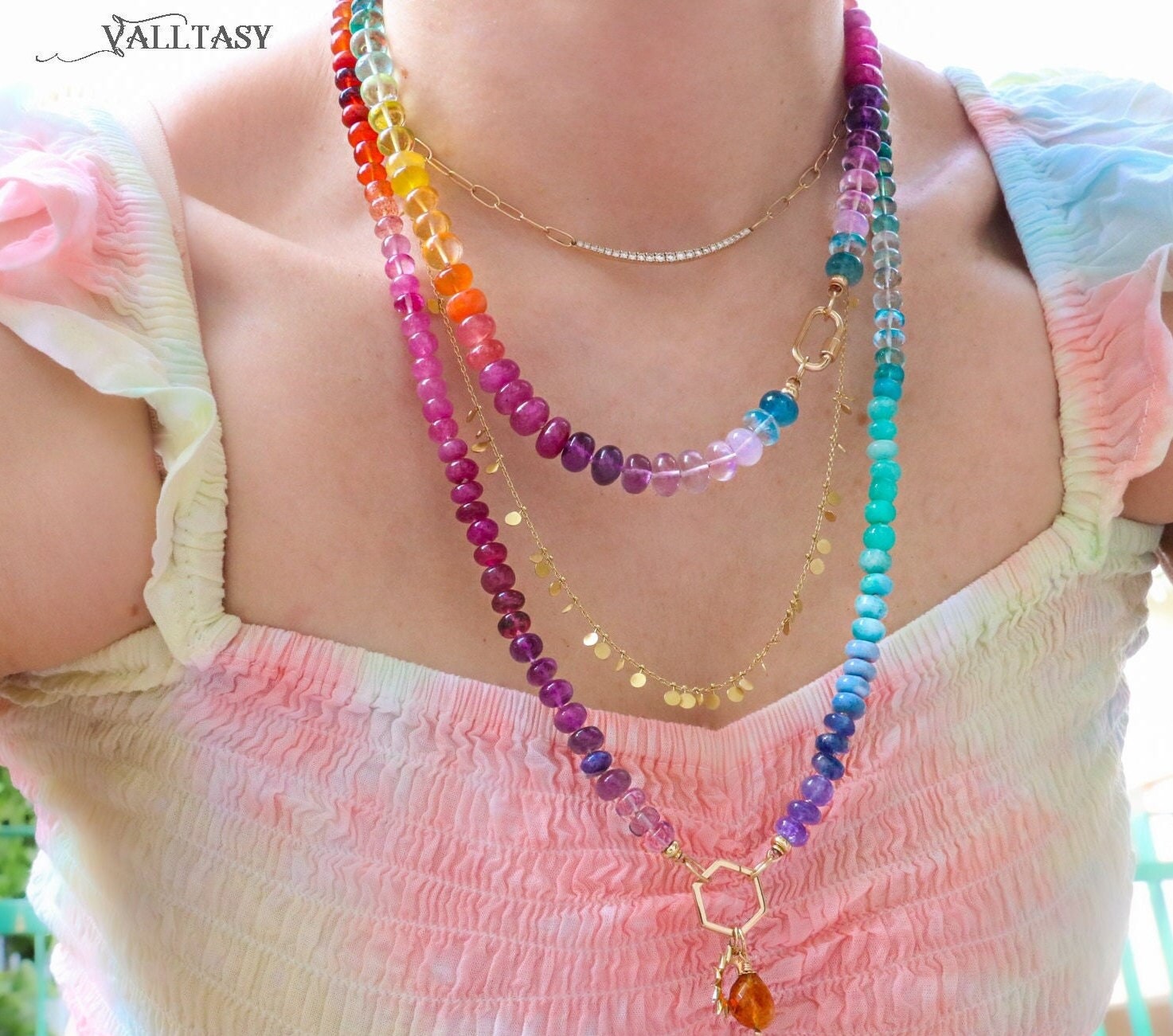 Solid Gold 14K Silk Knotted Multi Gemstone Necklace, Long Versatile ...