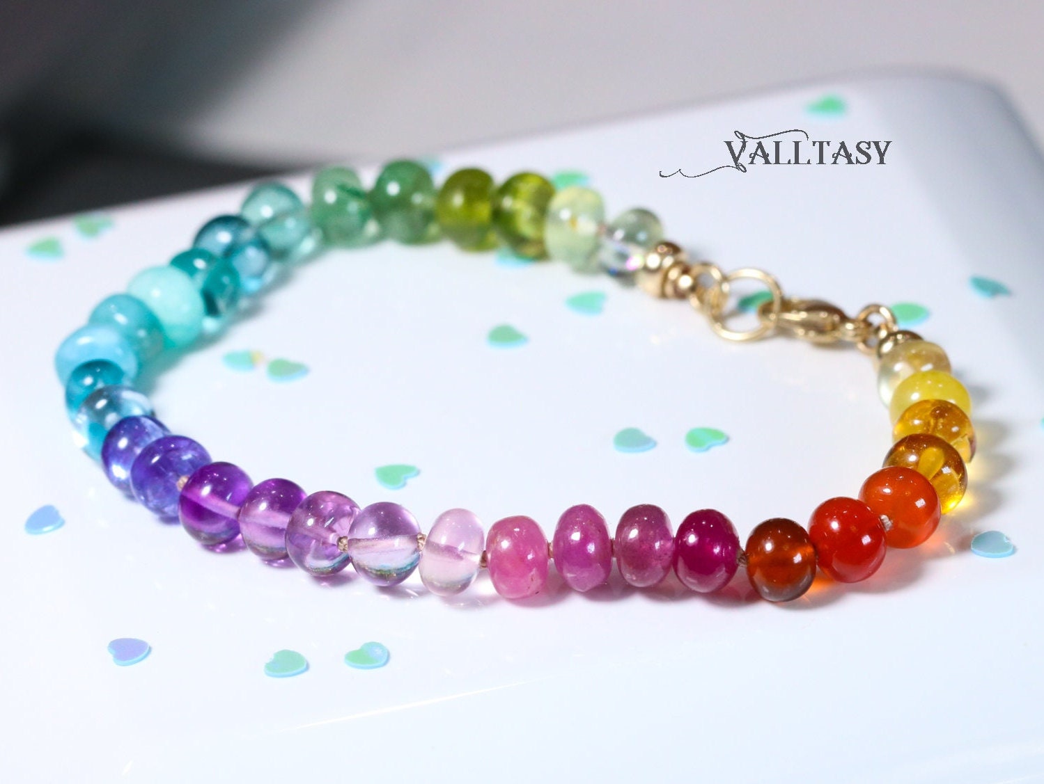 Solid Gold 14K Silk Knotted Rainbow Bracelet, Genuine Multi Gemstone ...