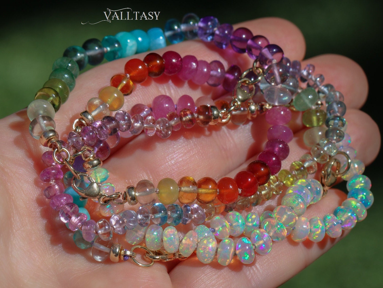 Solid Gold 14K Silk Knotted Rainbow Bracelet, Genuine Multi Gemstone ...