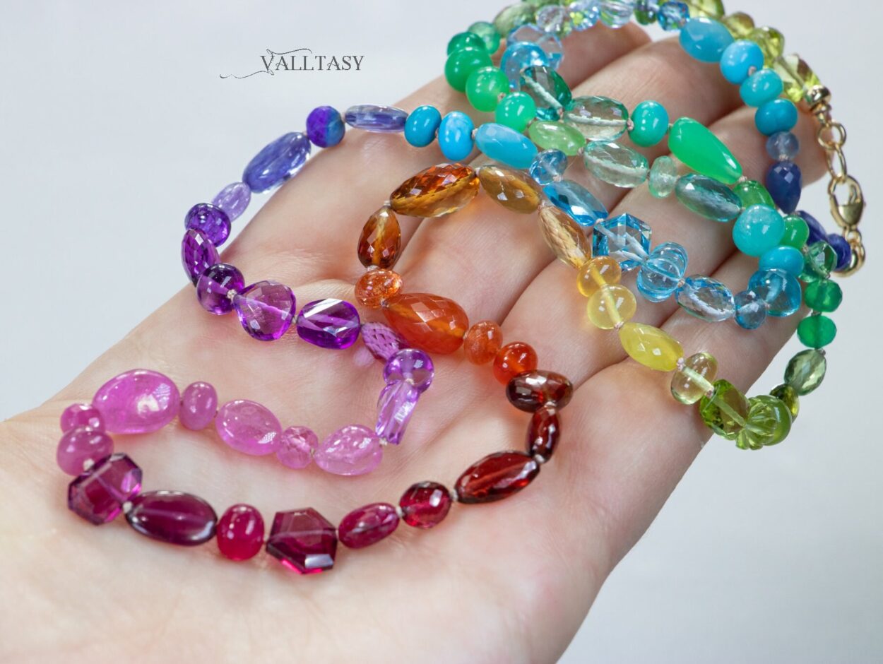 Solid Gold 14K Silk Knotted Geometric Rainbow Multi Gemstone Necklace ...