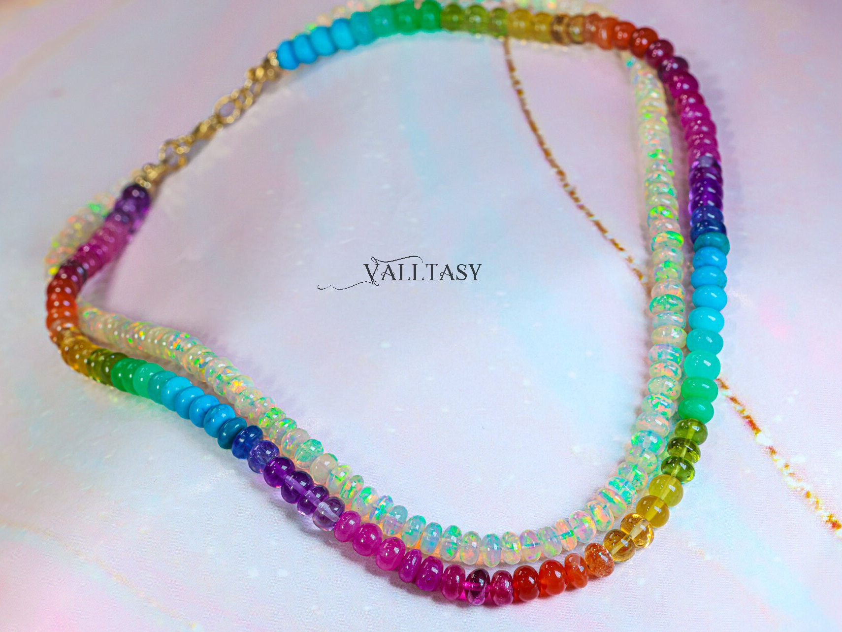 Solid Gold 14K Double Rainbow and Opal Necklace, Multi Strand Colorful ...