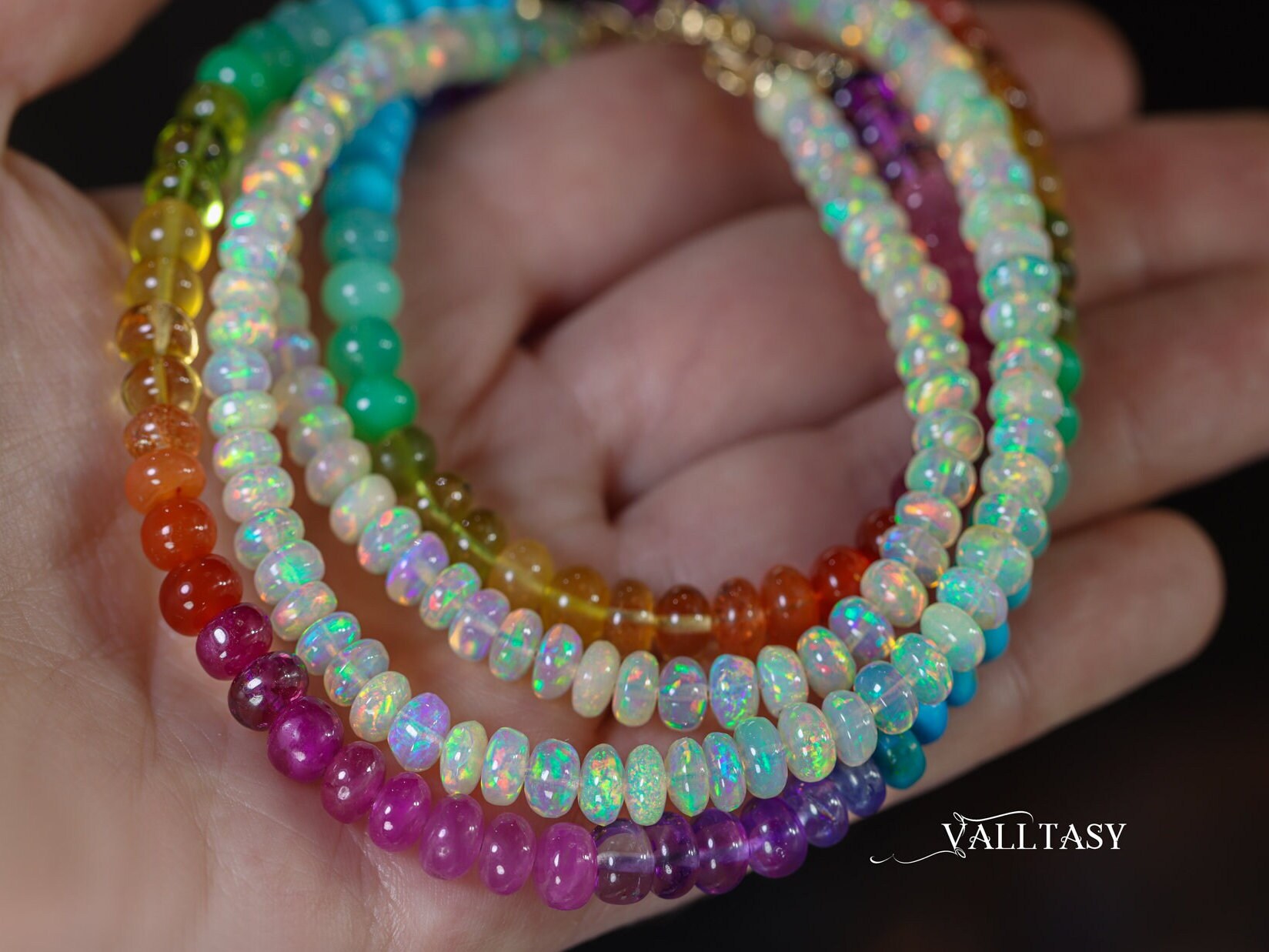 Solid Gold 14K Double Rainbow and Opal Necklace, Multi Strand Colorful ...