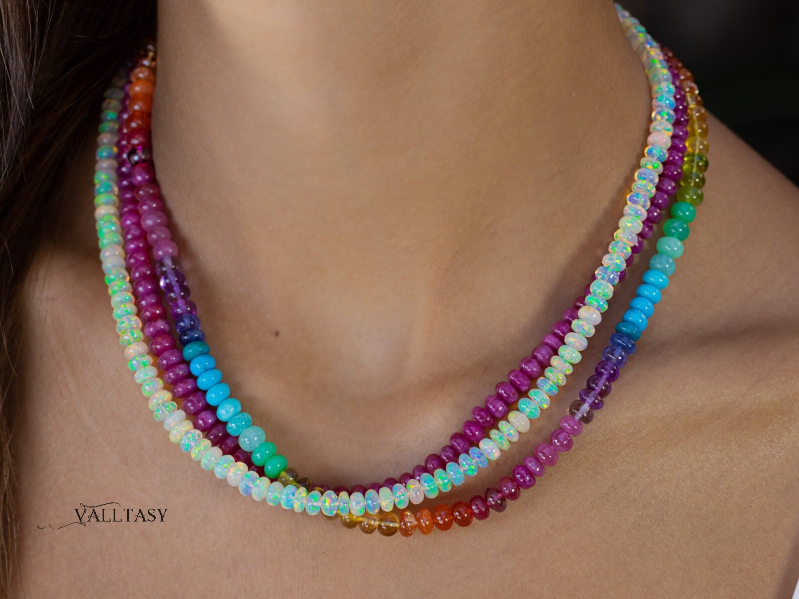 Solid Gold 14K Double Rainbow and Opal Necklace, Multi Strand Colorful ...