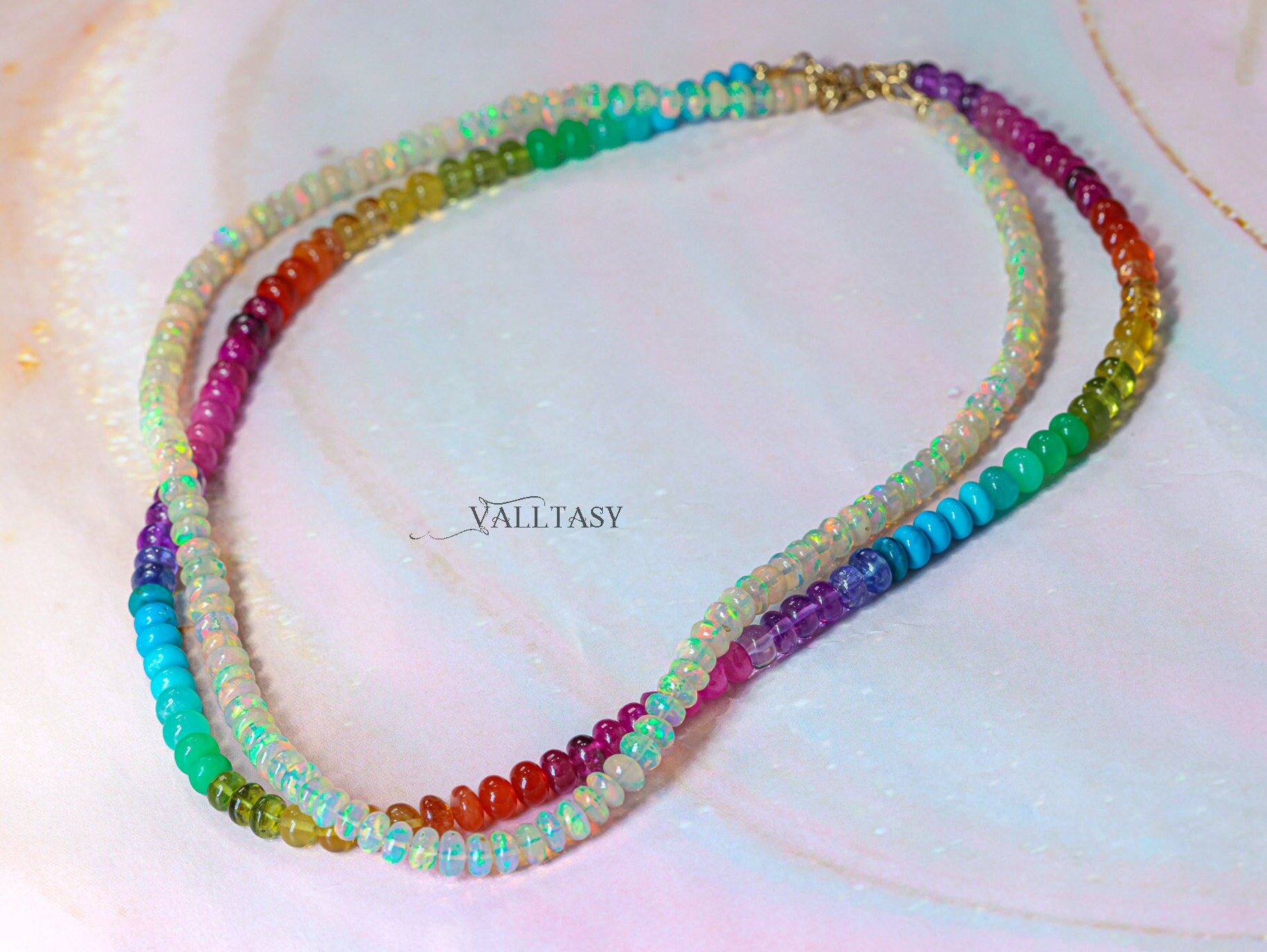 Solid Gold 14K Double Rainbow and Opal Necklace, Multi Strand Colorful ...
