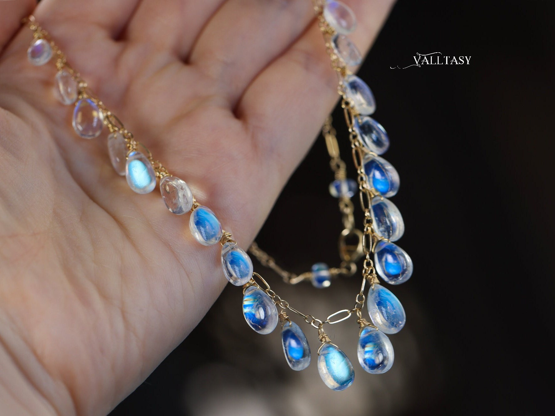 14K Solid Gold Rainbow Moonstone Drop Necklace