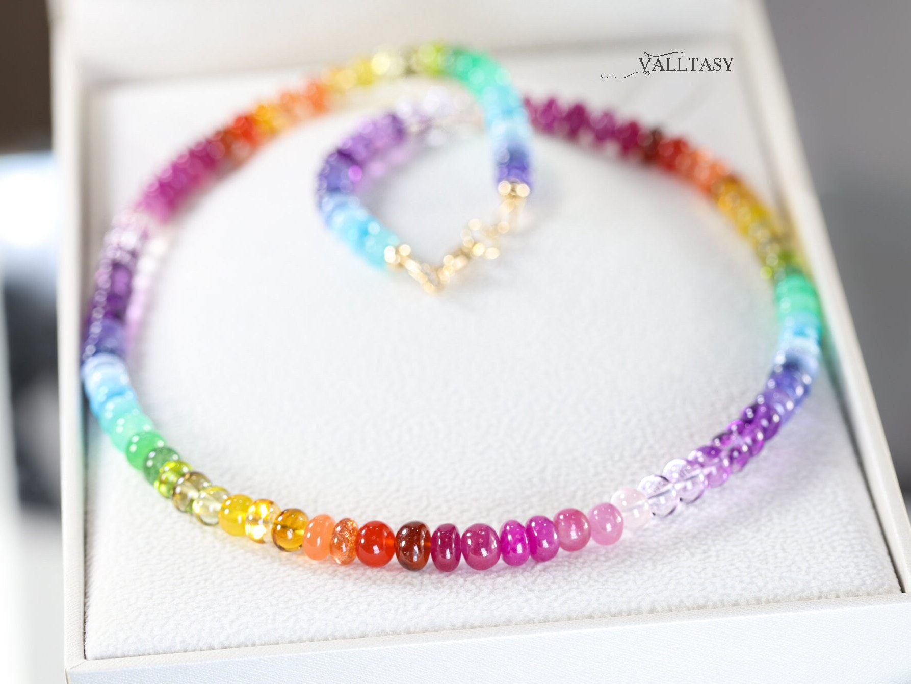 Solid Gold 14K Rainbow Gemstone Beaded Necklace