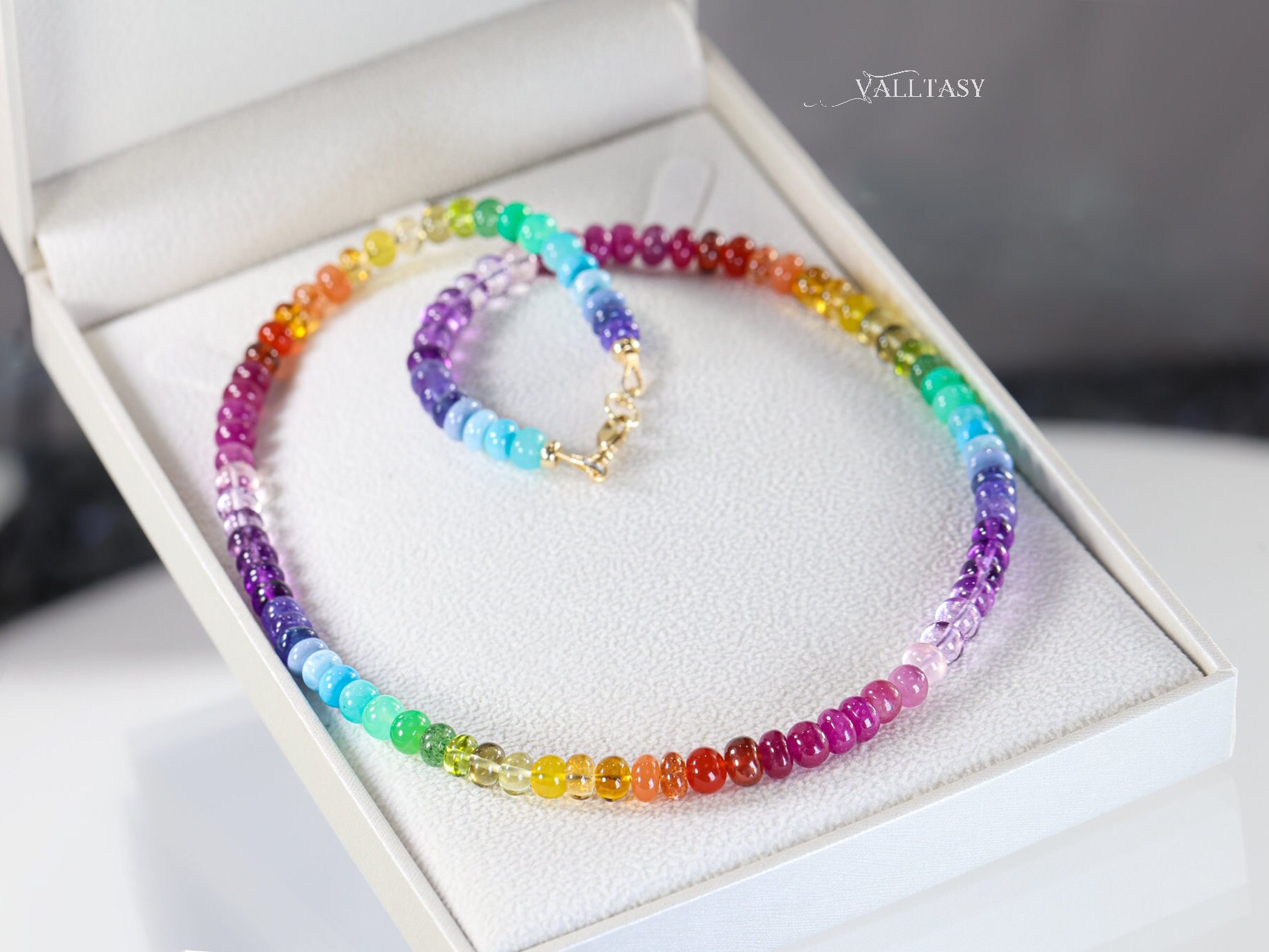 Solid Gold 14K Rainbow Gemstone Beaded Necklace