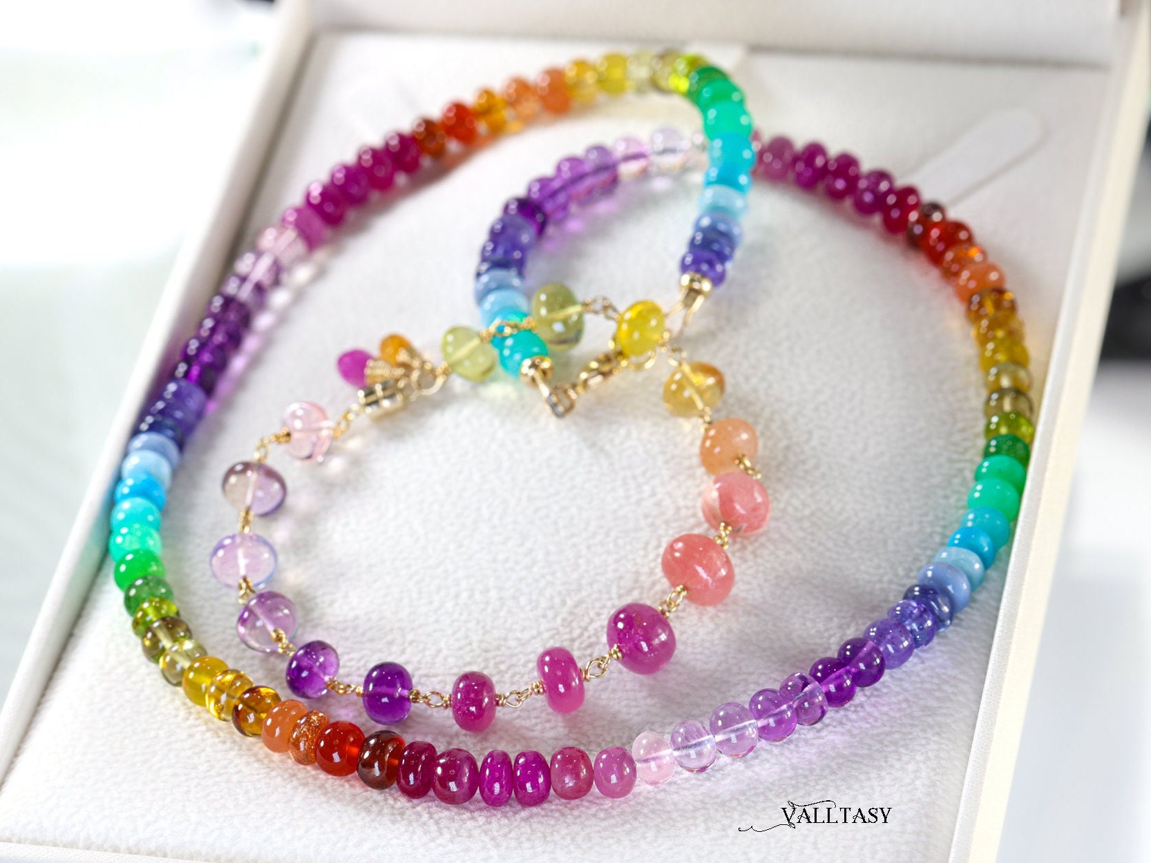 Solid Gold 14K Rainbow Gemstone Beaded Necklace