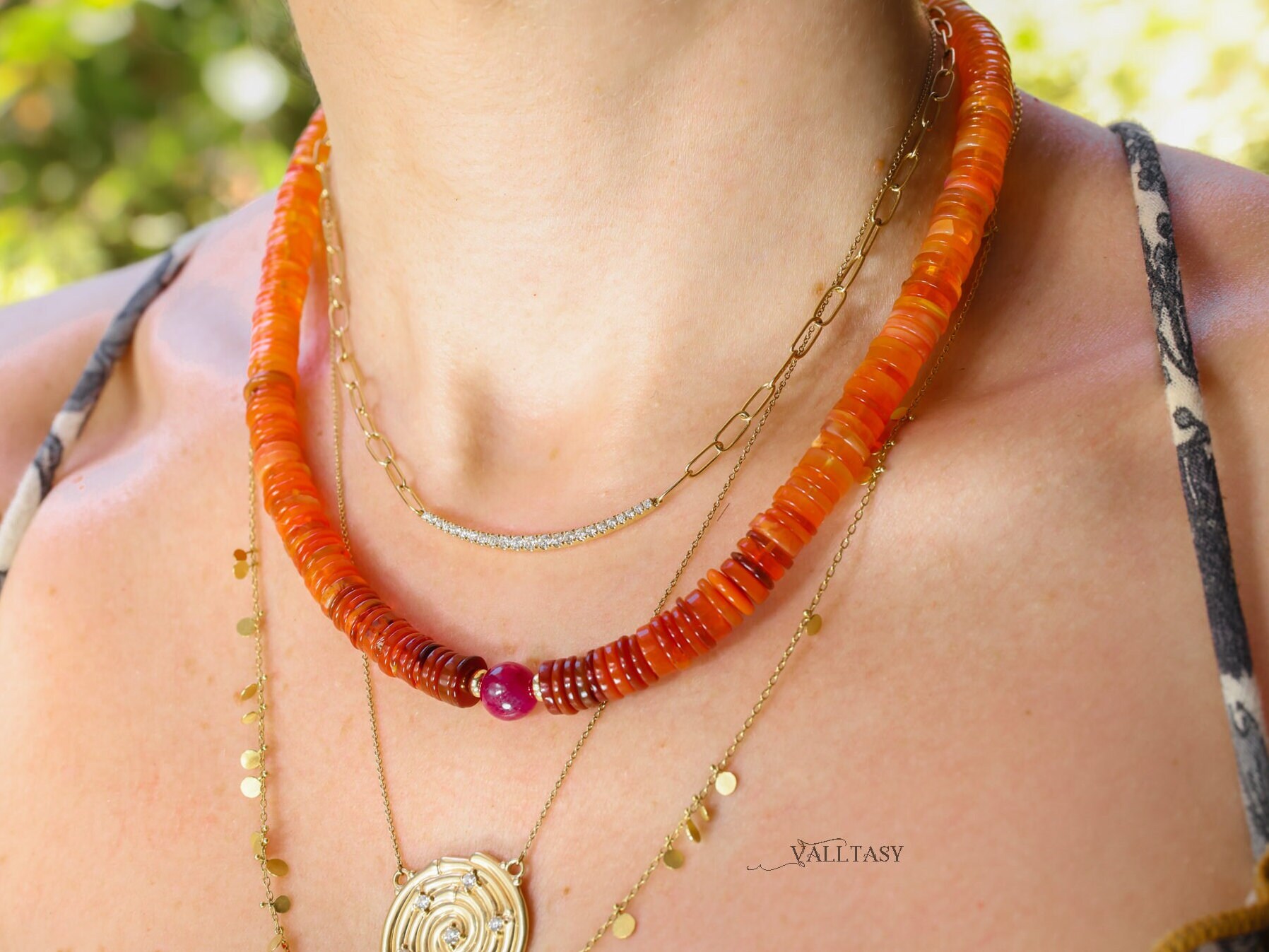 Solid Gold 14K Mexican Fire Opal Necklace, Orange Red Statement ...