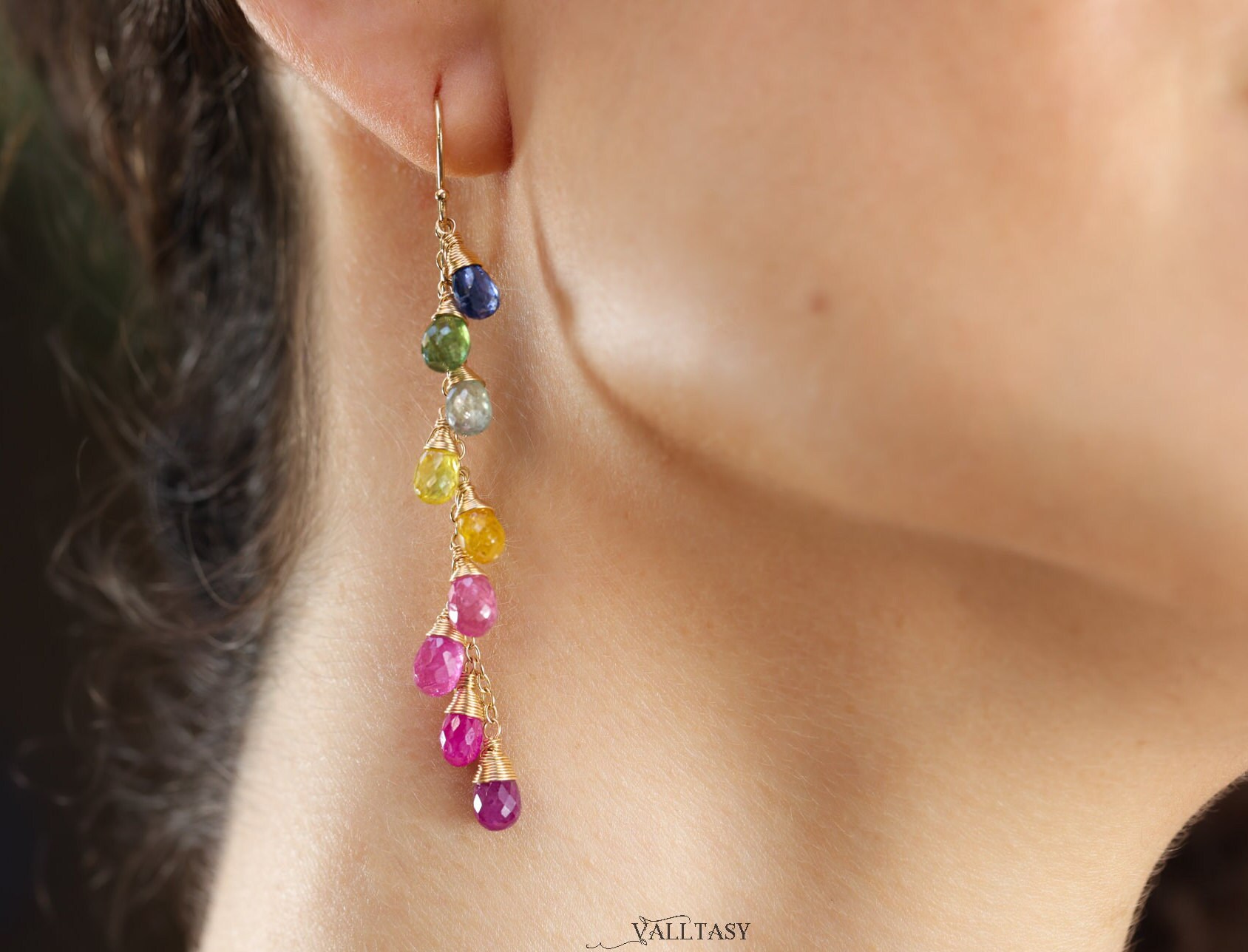Solid 14K Gold Drop Earrings - Rainbow Multi Sapphire Gemstones