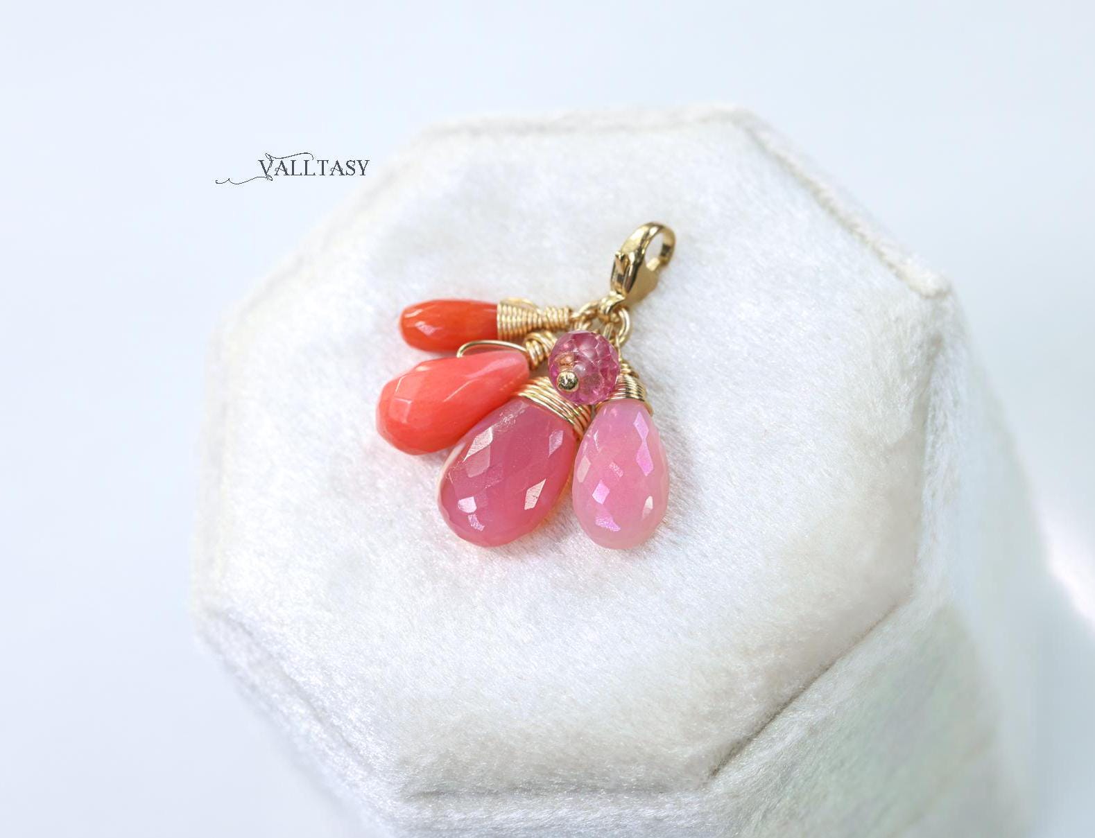 Solid Gold 14K Pink Opal and Italian Pink Coral Charm with a Lobster ...
