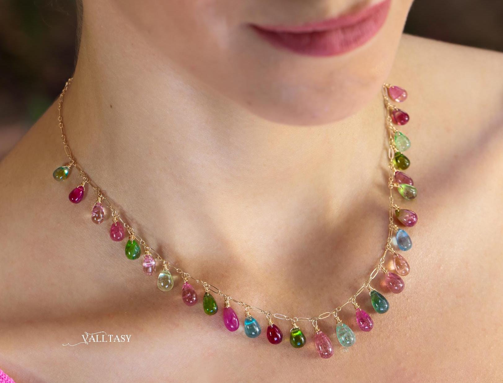 14K Solid Gold Multi Color Tourmaline Necklace, Colorful Tourmaline ...