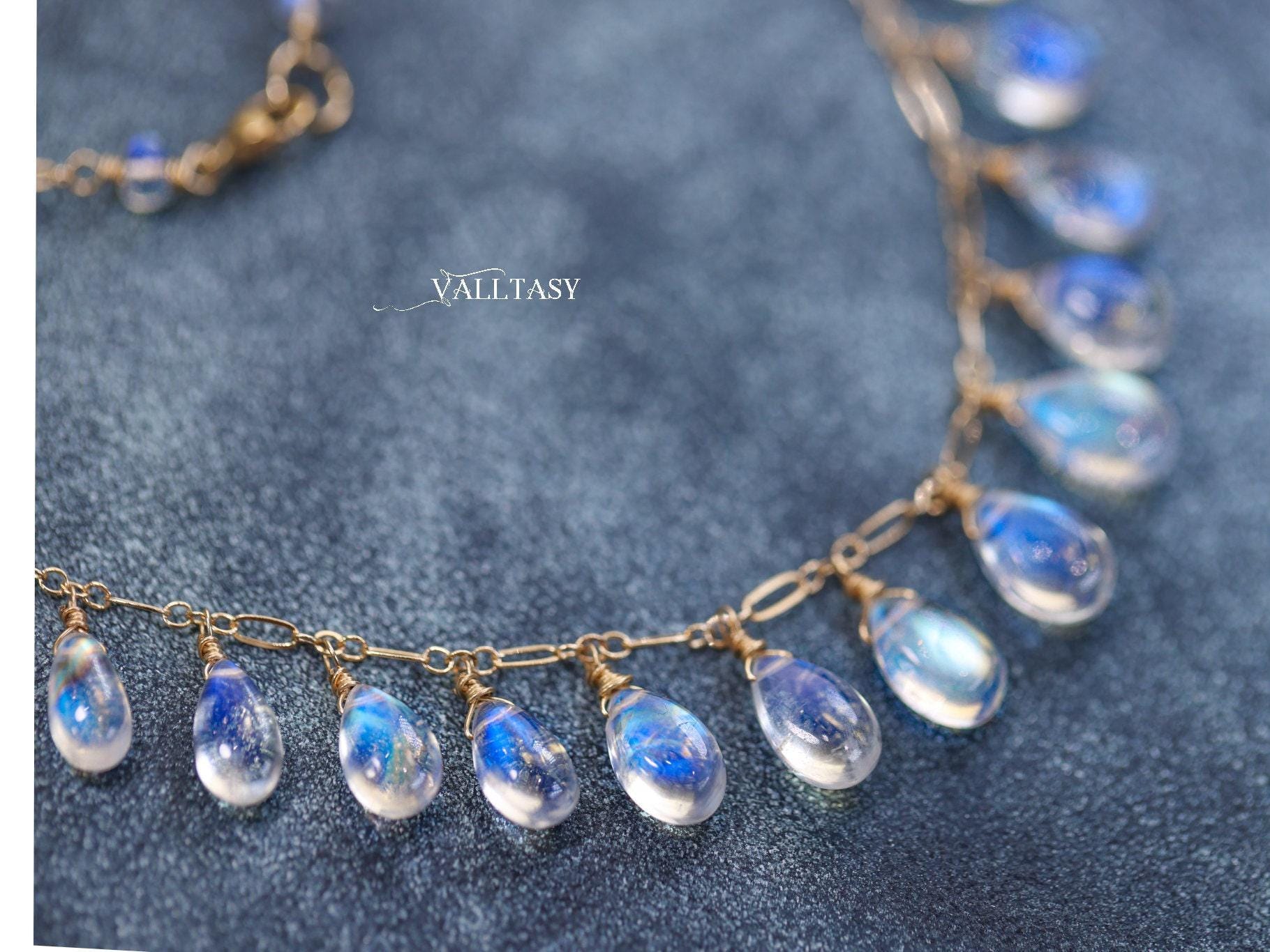 14K Solid Gold Rainbow Moonstone Drop Necklace