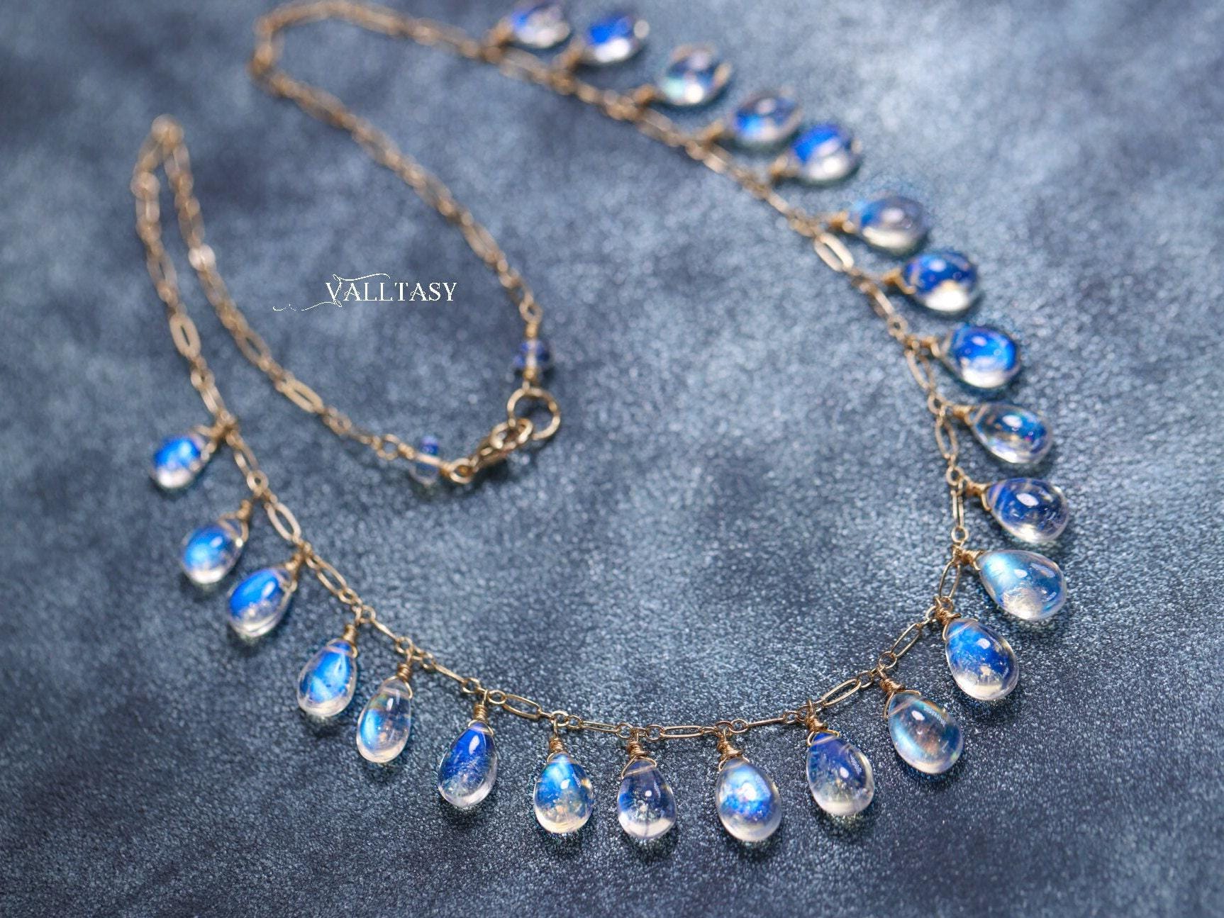 14K Solid Gold Rainbow Moonstone Drop Necklace