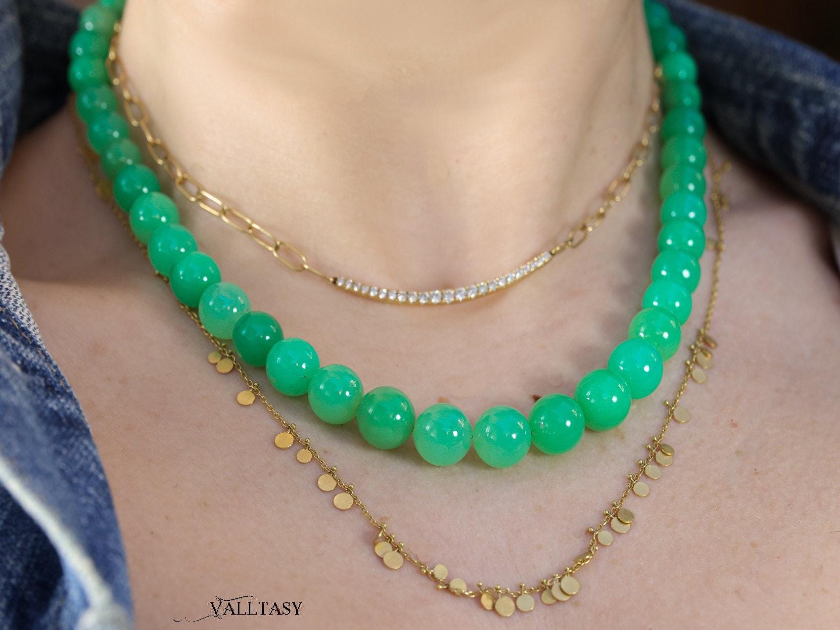 Solid Gold 14K Chrysoprase Sphere Beaded Gemstone Necklace, One of a ...