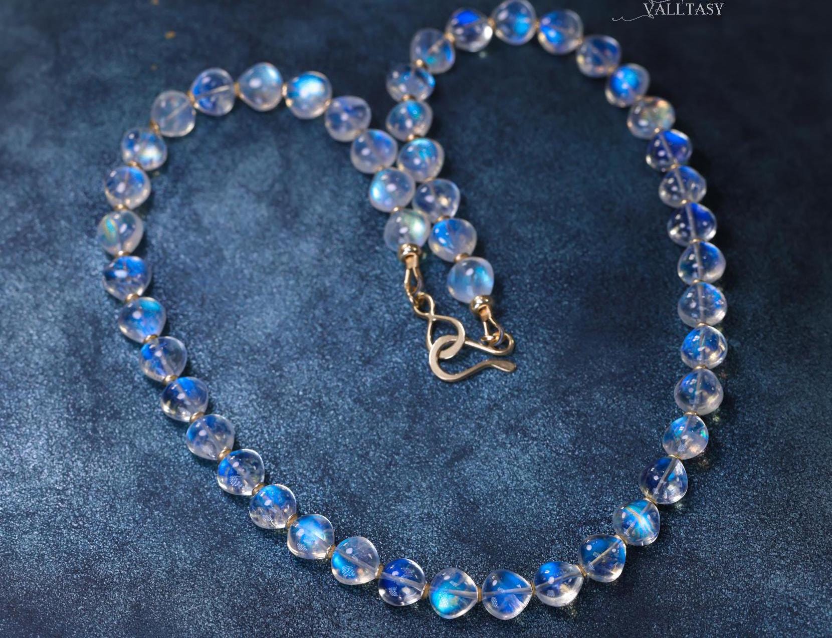 Solid Gold 14K Rainbow Moonstone Necklace, Bold Blue Glow Moonstone ...