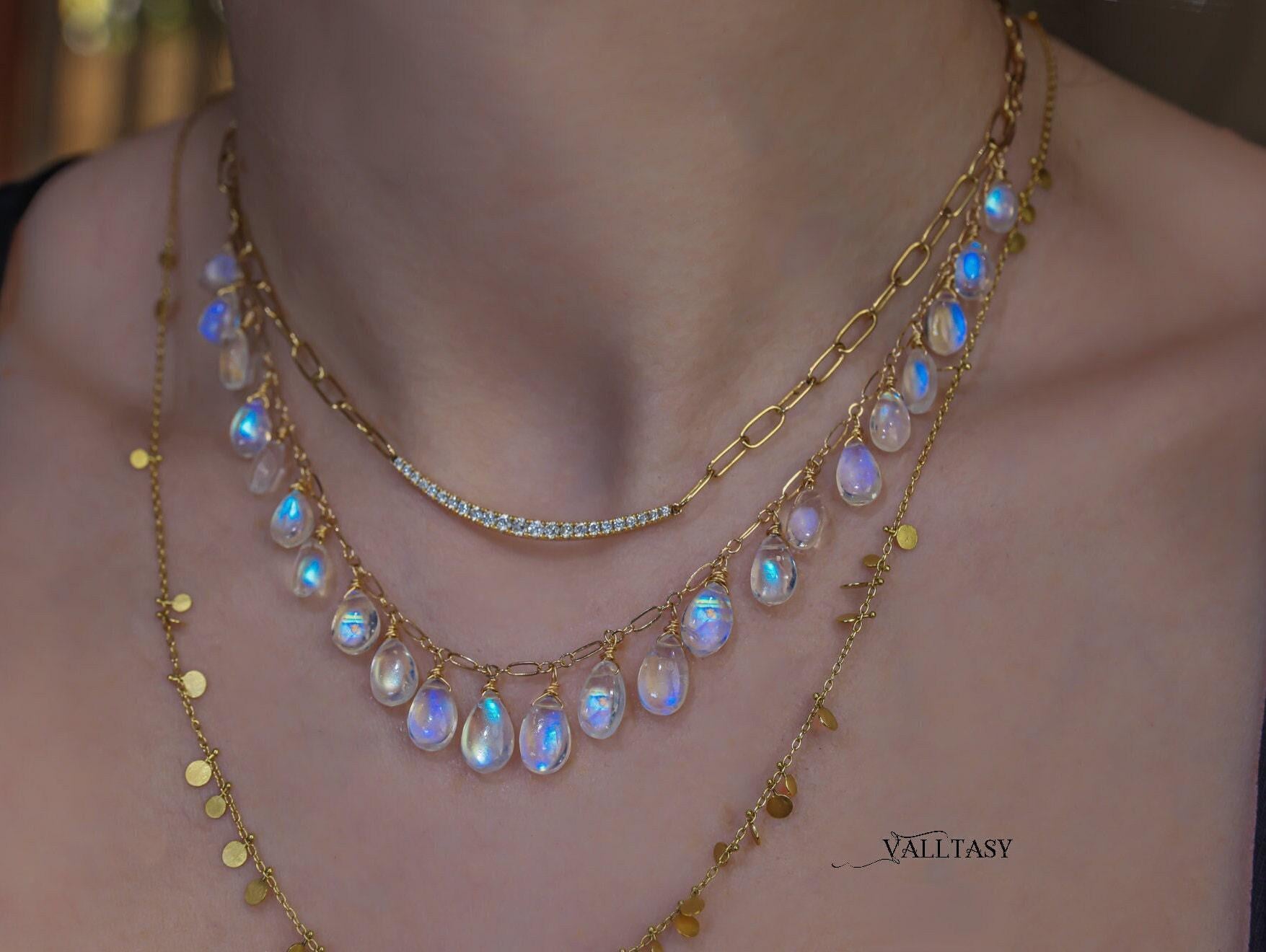 14K Solid Gold Rainbow Moonstone Drop Necklace