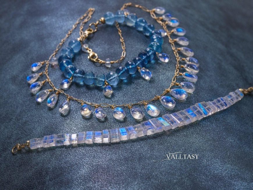 14K Solid Gold Rainbow Moonstone Drop Necklace