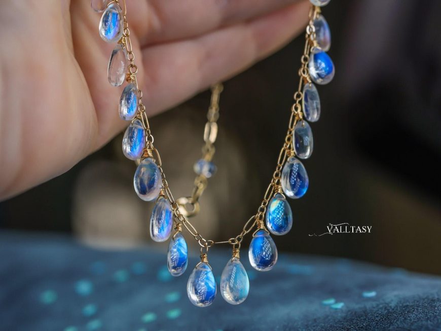 14K Solid Gold Rainbow Moonstone Drop Necklace