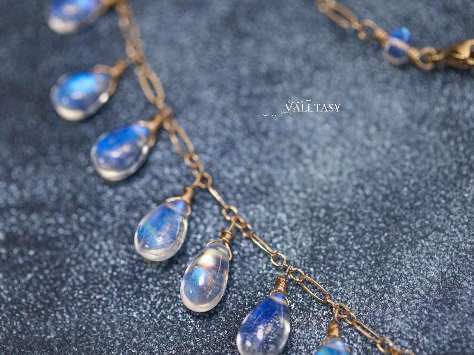 14K Solid Gold Rainbow Moonstone Drop Necklace