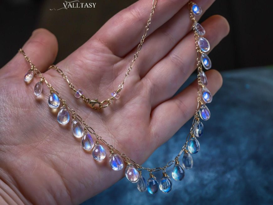 14K Solid Gold Rainbow Moonstone Drop Necklace