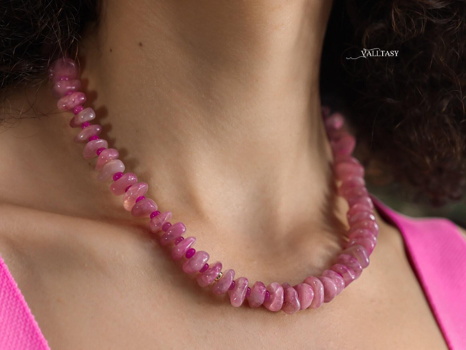 Solid Gold 14K Madagascar Rose Quartz and Pink Sapphire Necklace, Pink ...