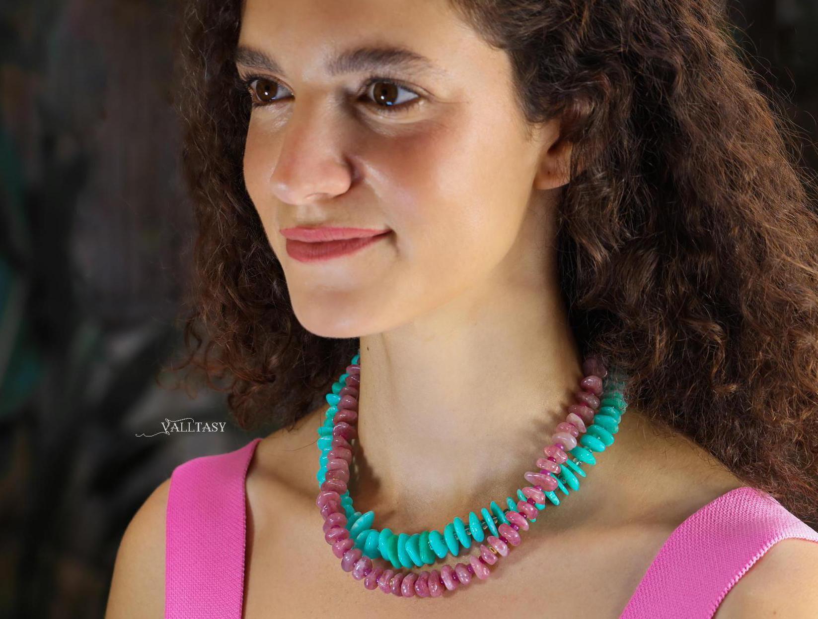 Solid Gold 14K Peruvian Amazonite and Apatite Necklace, Aqua Blue ...