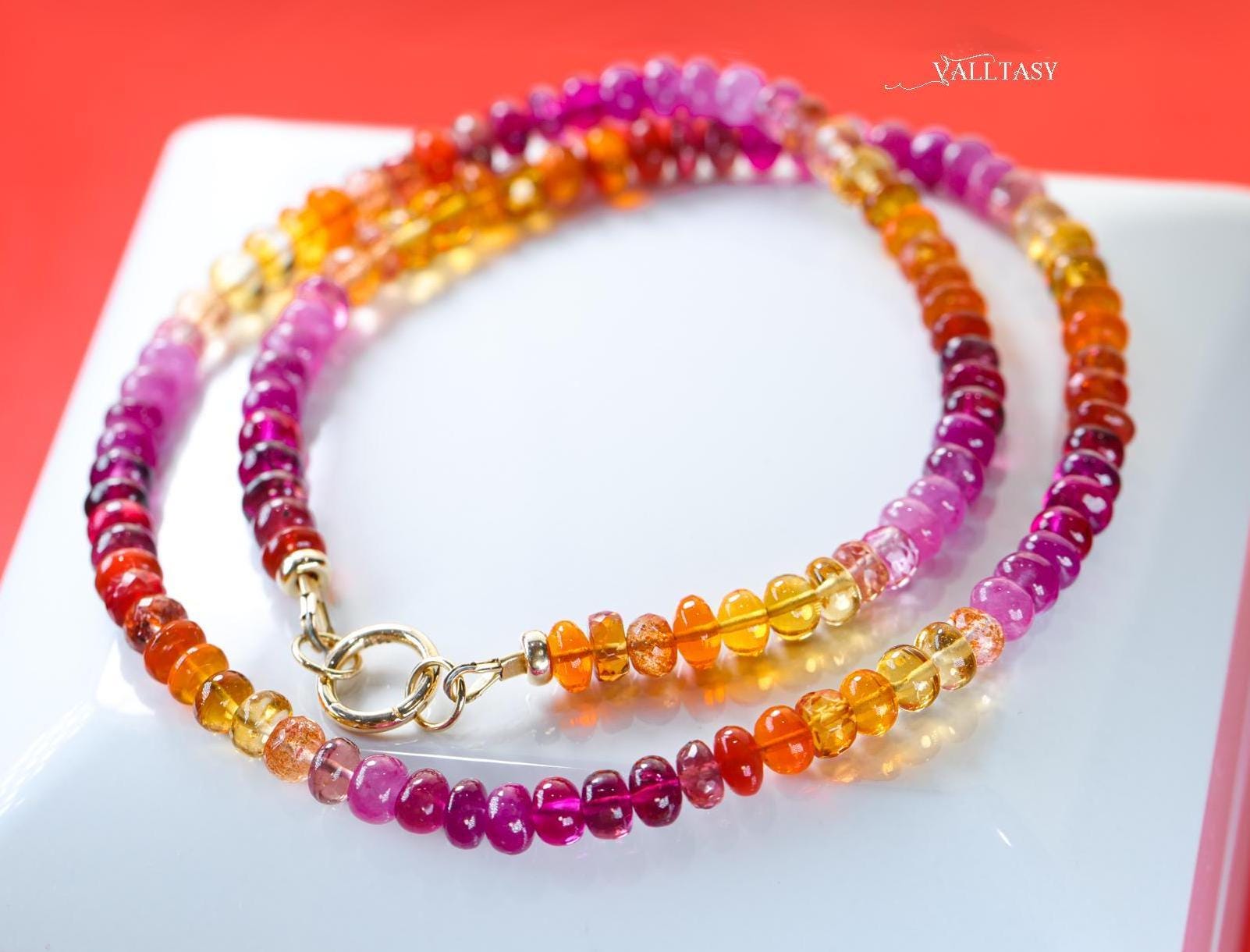 Solid Gold 14K Ruby and Mexican Fire Opal Necklace, Multi Gemstone ...